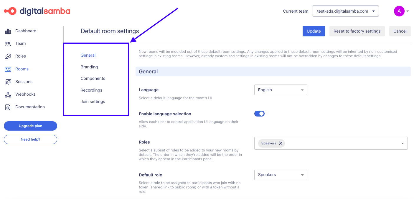 How to Configure Your Room Default in Digital Samba Using the Dashboard